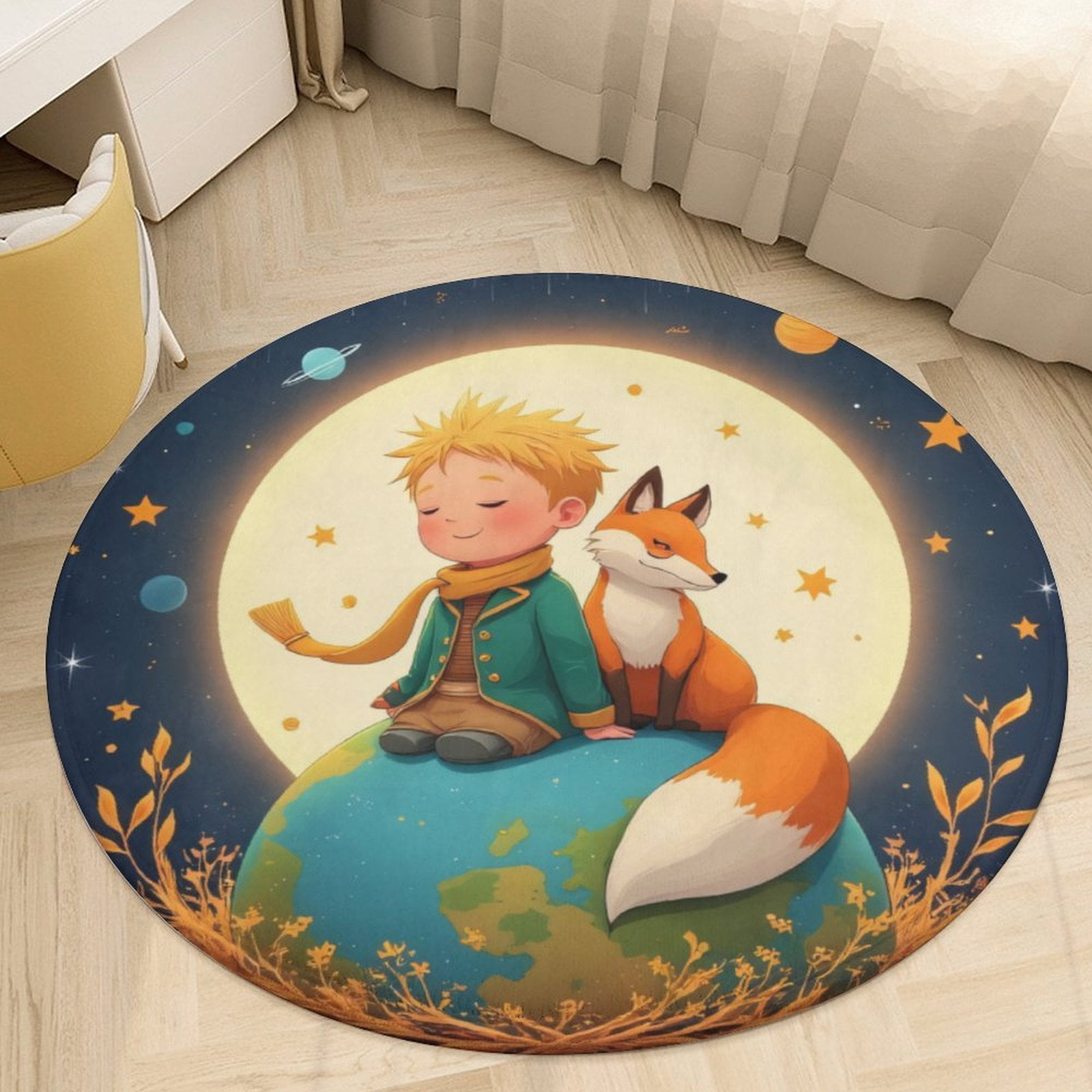 Boy And Fox on Planet Round Area Rugs for Bedroom Living Room, 4FT Soft ...