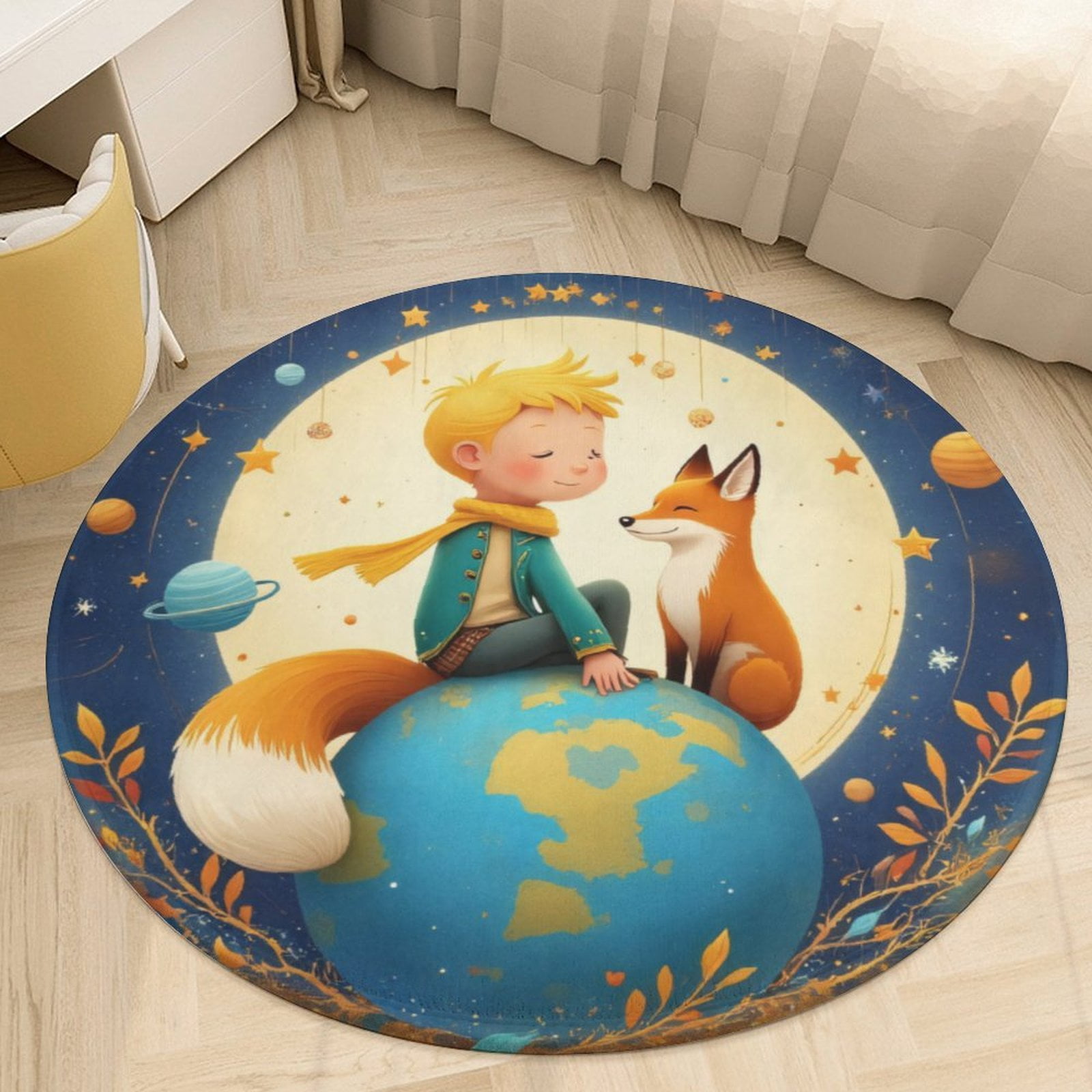 Boy And Fox on Planet Round Area Rugs for Bedroom Living Room, 5FT Soft ...
