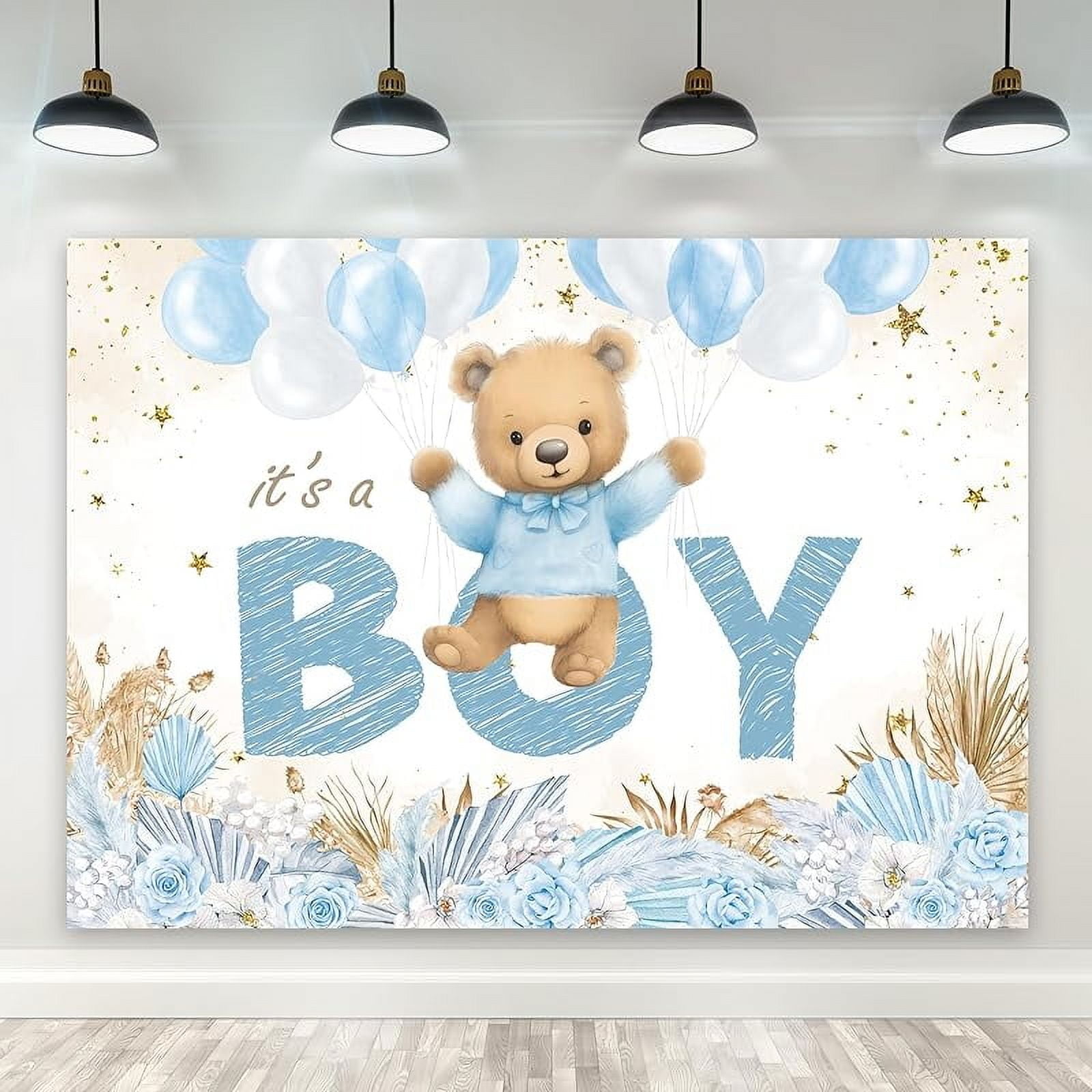 It's a Boy Baby Shower Backdrop Cute Bear Blue Cartoon Balloons Pampas ...