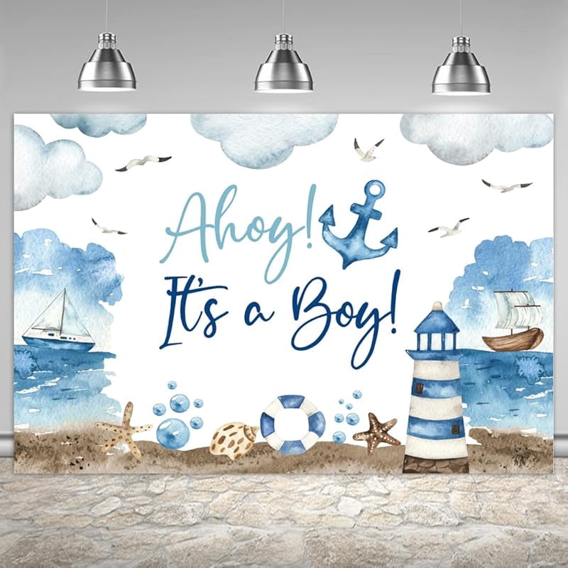 It's a Boy Baby Shower Backdrop Nautical Navy Blue Sea White Cloud ...