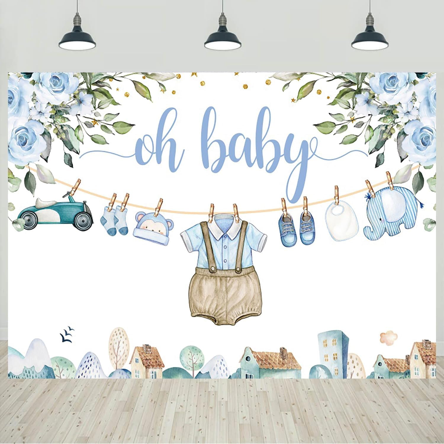 Boy Baby Shower Backdrop Oh Baby Blue Floral Green Eucalyptus Leaves ...