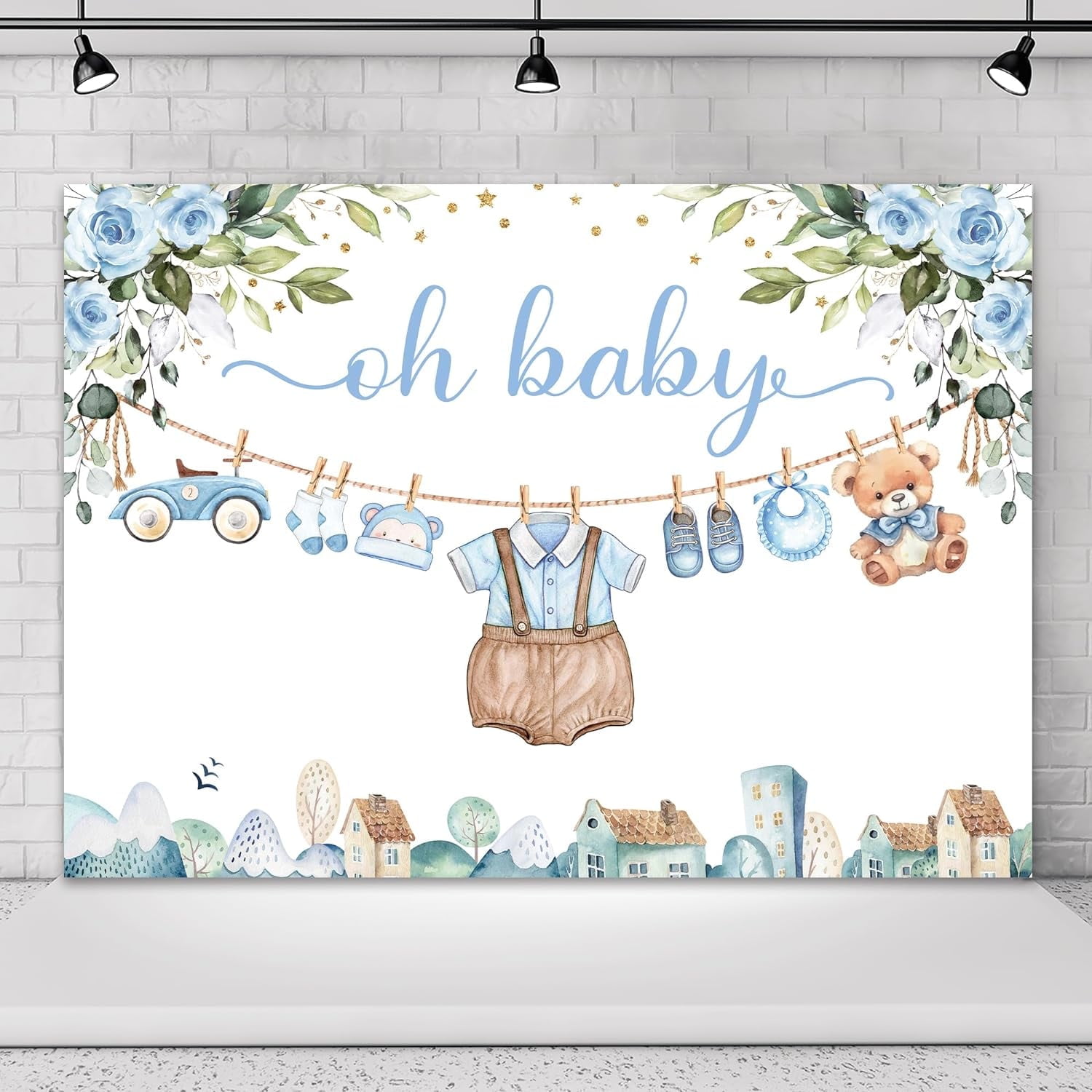 Boy Baby Shower Backdrop for Photography Oh Baby Blue Floral Watercolor ...