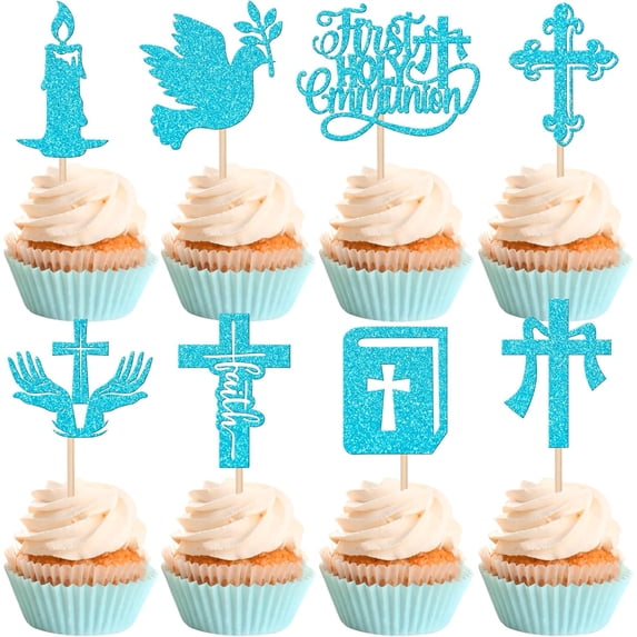 Boy Baptism Cupcake Toppers, Gold Glitter Cross Dove Bible Praying ...