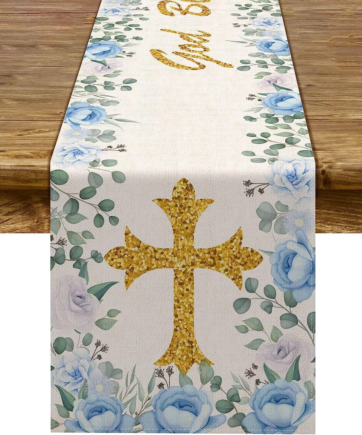 Boy Baptism Table Runner God Bless First Holy Communion Christening ...