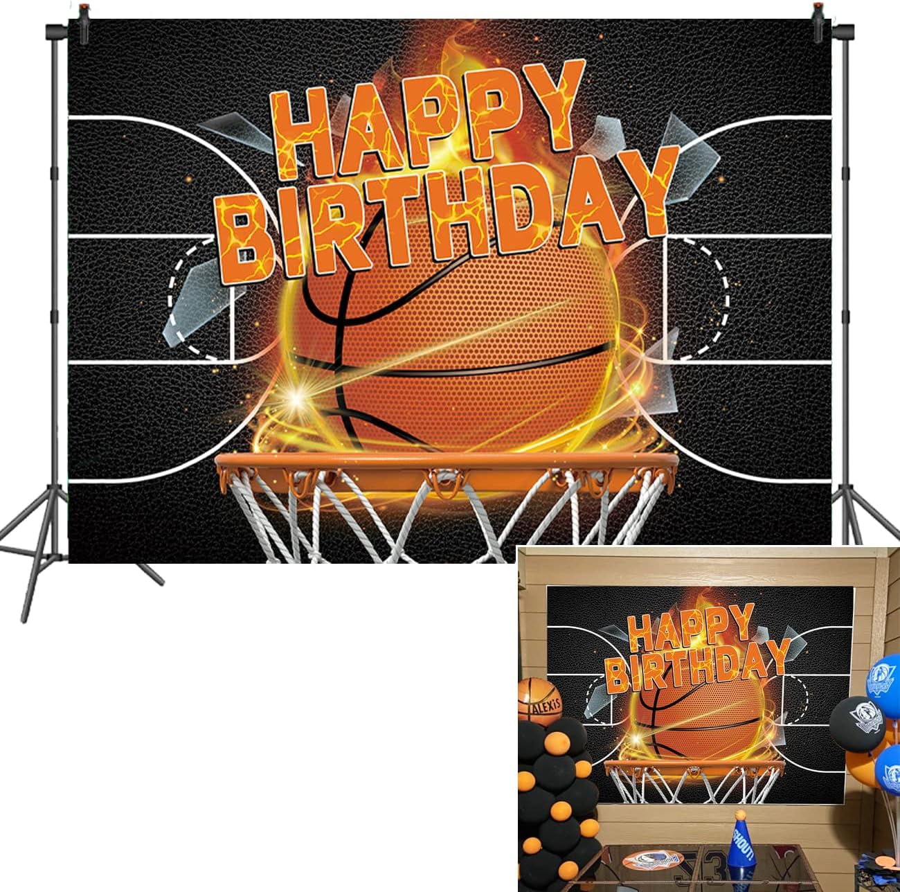 Boy Basketball Game Birthday Backdrop Black Basketball Court Background ...