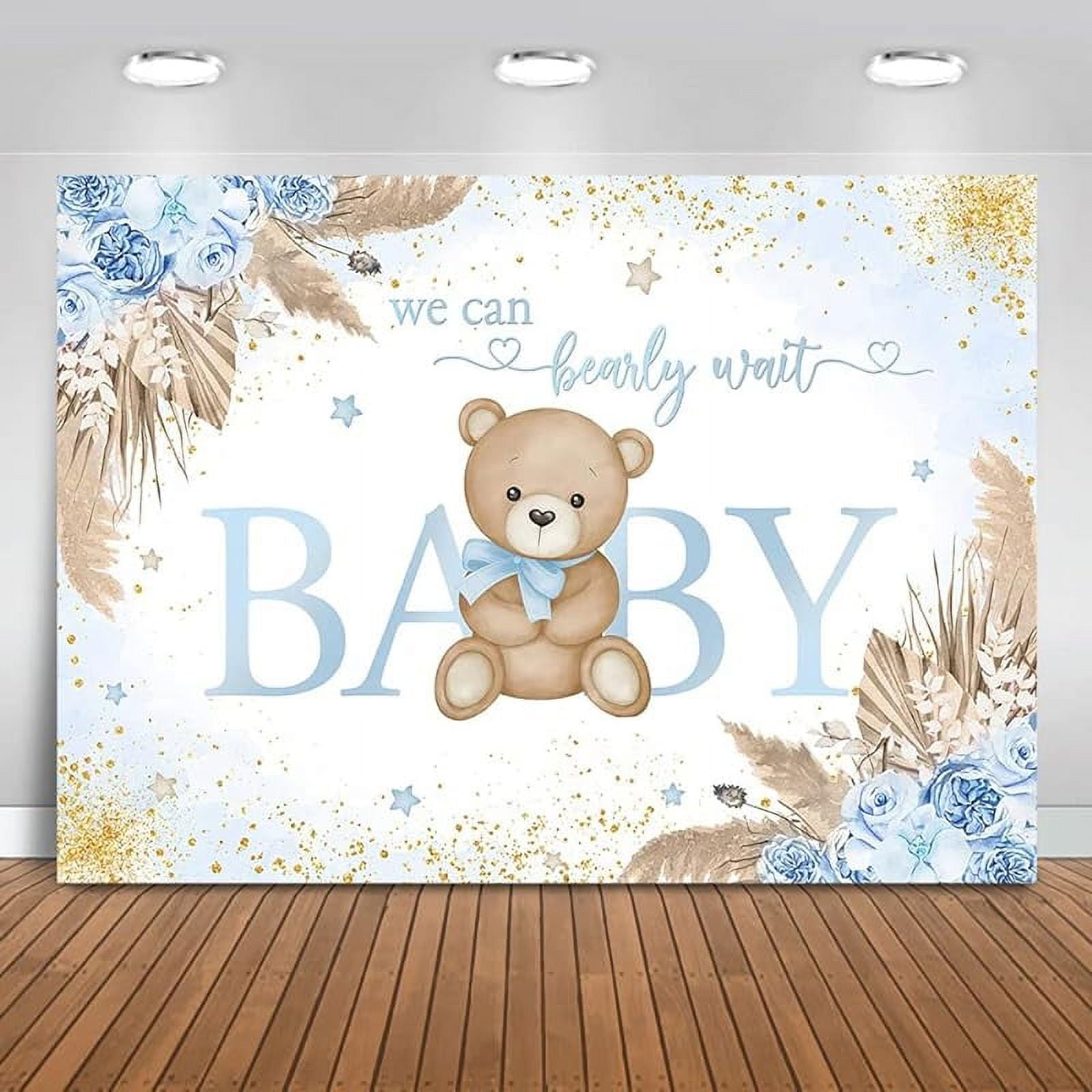 Boy Bear Backdrop Blue Boho Pampas Grass Background We Can Bearly Wait ...