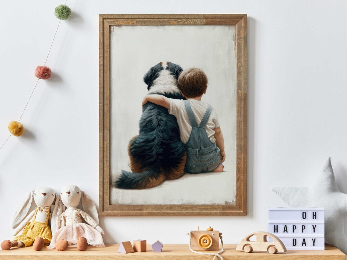 Boy & Bernese Mountain Dog Print, Bernese Mountain Nursery Decor ...