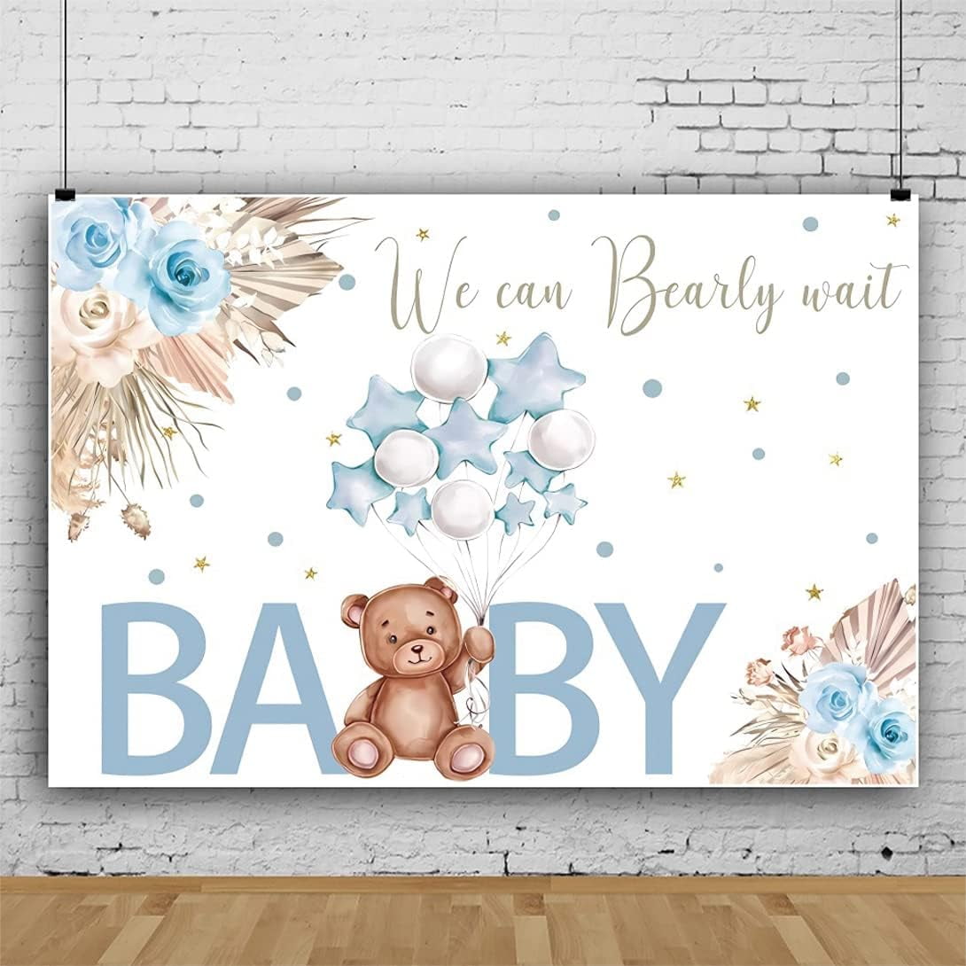 Boy We Can Bearly Wait Backdrop Boho Blue Pampas Grass Flower Balloons ...