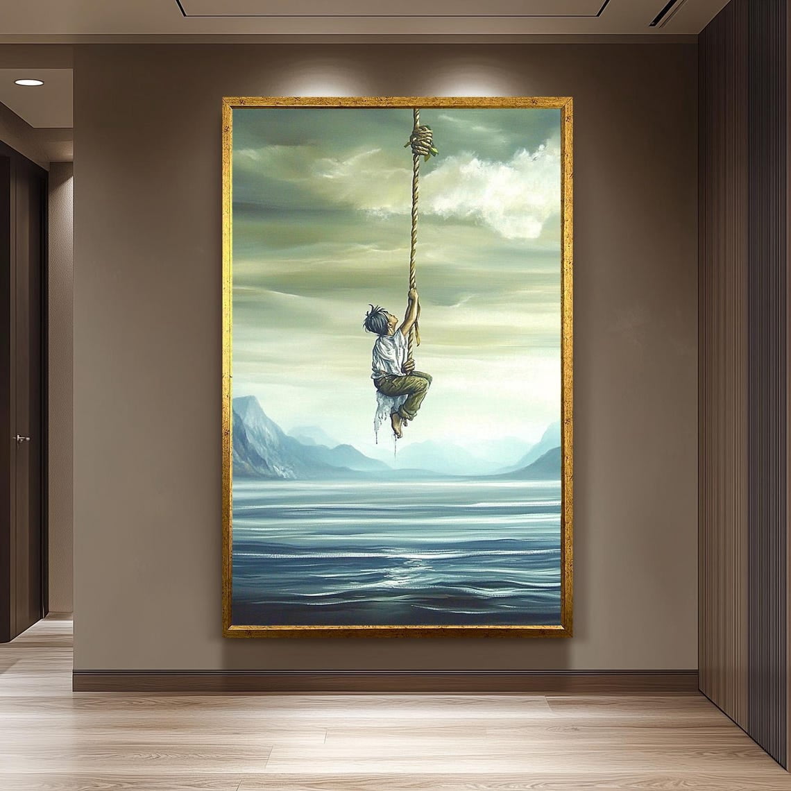 Boy Climbing Rope Print Dreamlike Surreal Style, Stretched Canvas ...