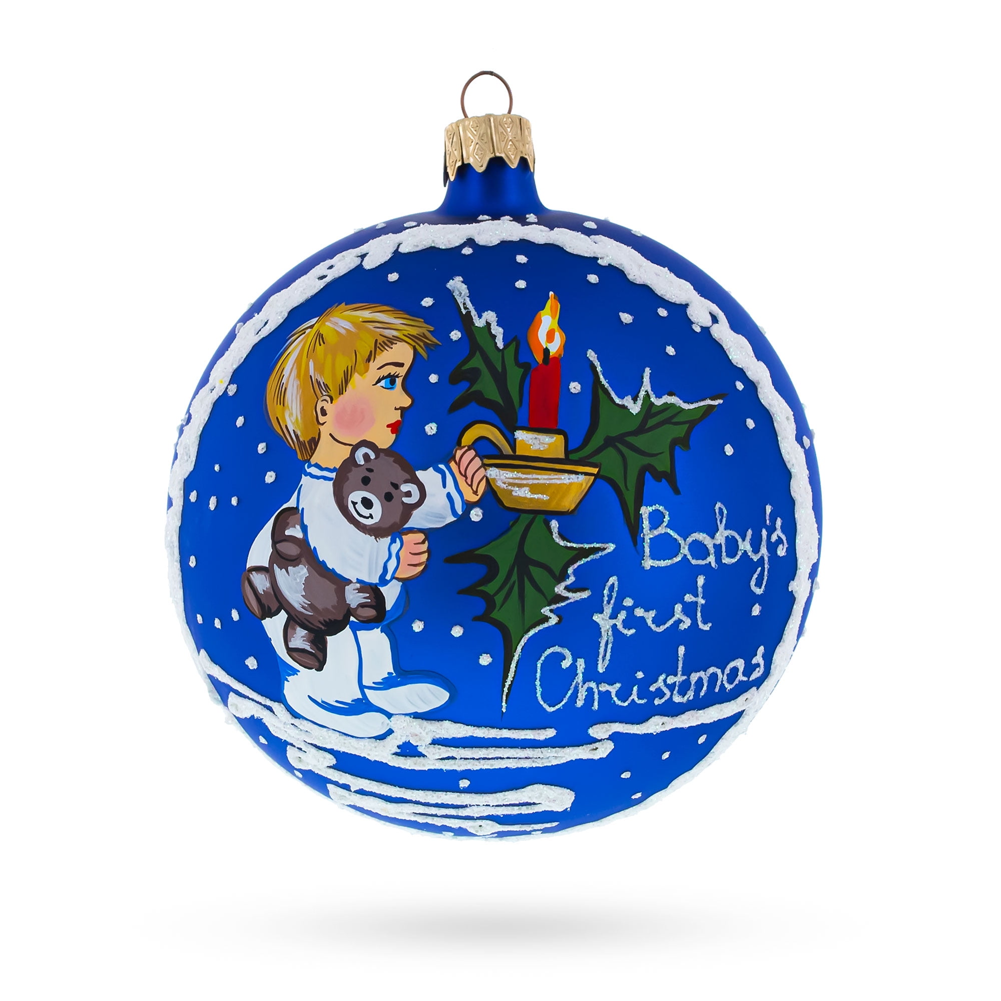 Boy Cuddling Teddy Bear Glass Ball Baby's First Christmas Ornament 4 ...