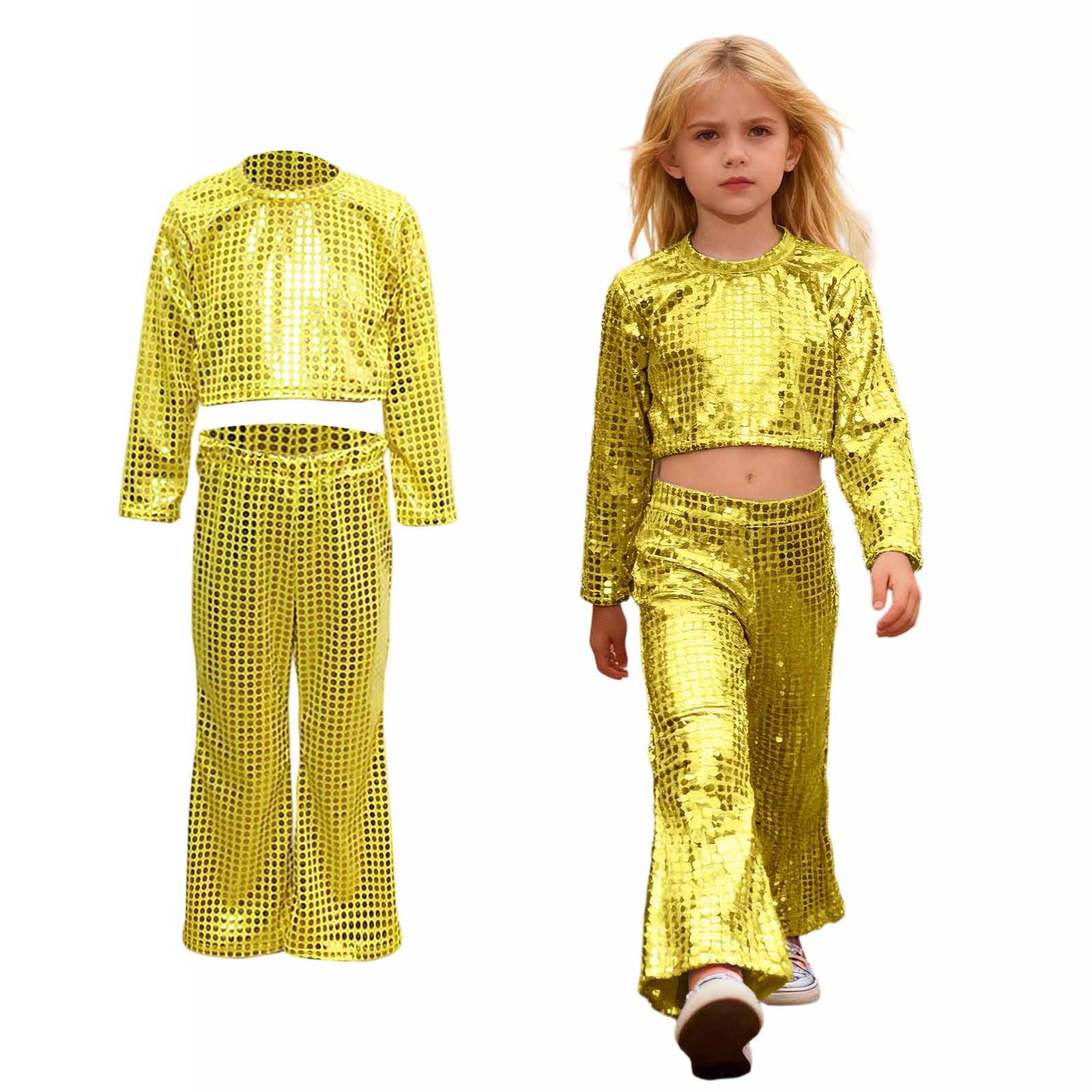 Boy Dance Sequin Gold Dance Long Sleeve Crop Top and Flared Pants ...