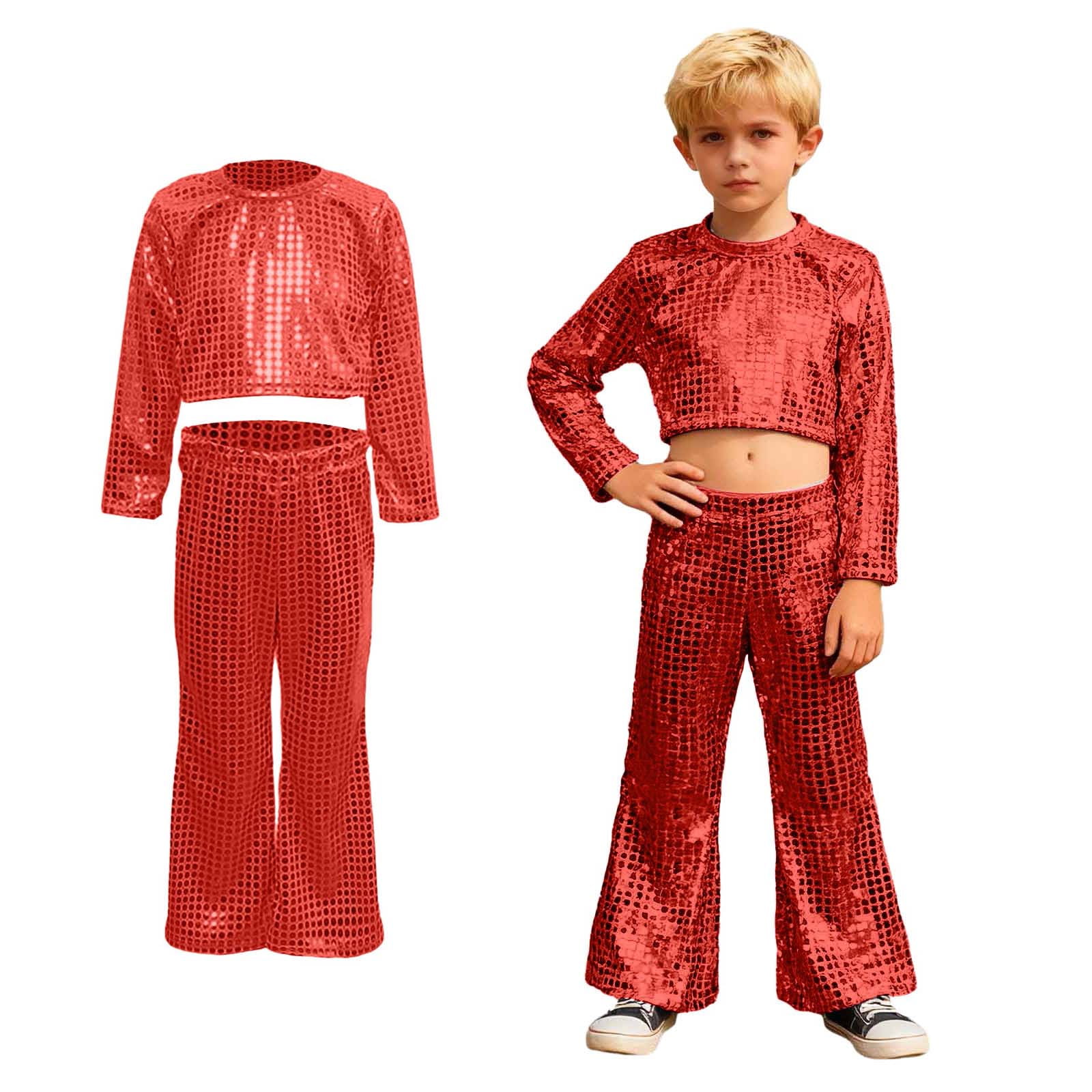 Boy Dance Costume Sparkly Red Dance Costumes Long Sleeve Crop Top and ...