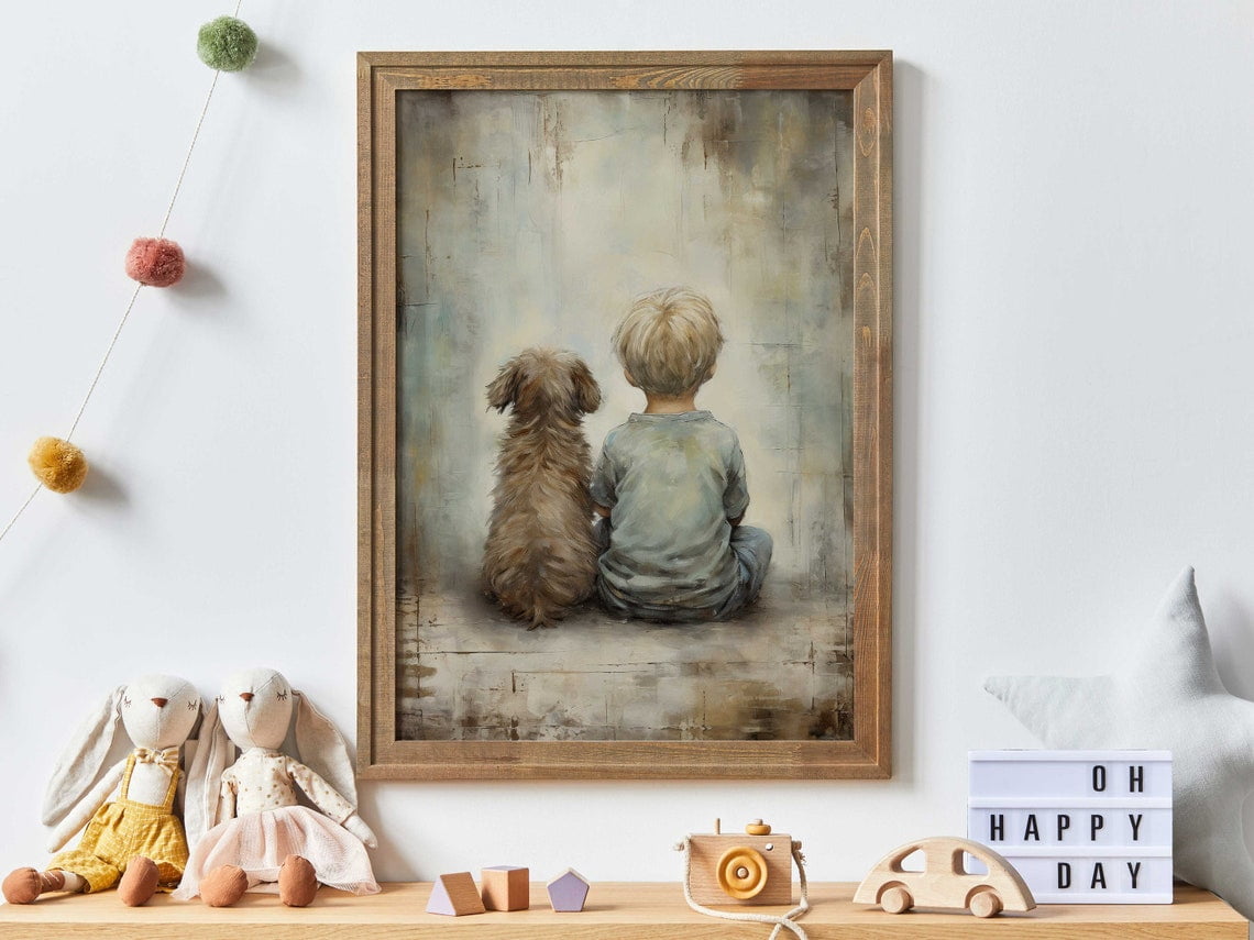 Boy And Dog Art Print Puppy Nursery Print Dog Nursery Wall Art Pet With ...