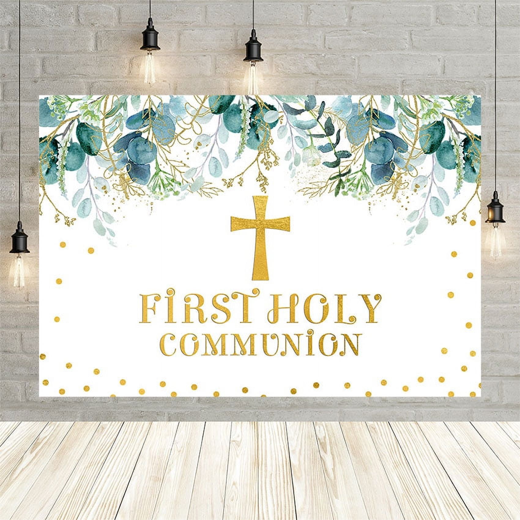 Boy First Holy Communion Backdrop Banner Green Leaves Gold Cross Dots ...