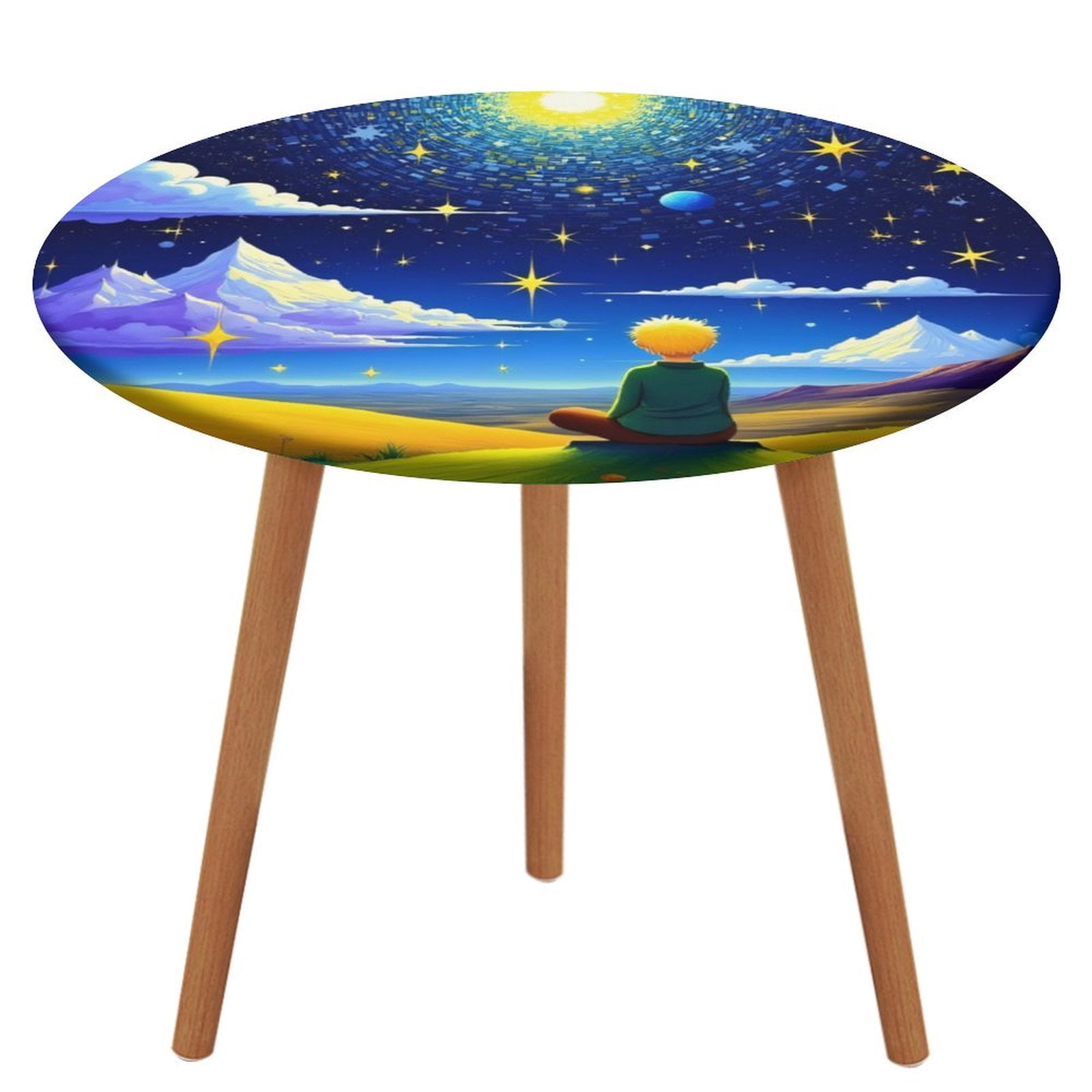 Boy Gazing at Starry Sky Pattern Round Tablecloth Waterproof Elastic ...