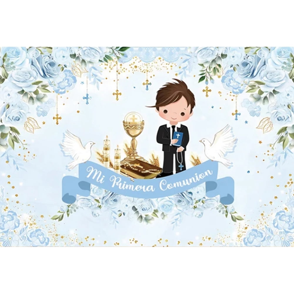 Boy Girl First Communion Photography Backdrop r Gold Cross Grail God ...