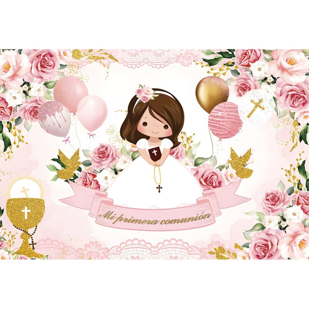 Boy Girl First Communion Photography Backdrop r Gold Cross Grail God ...