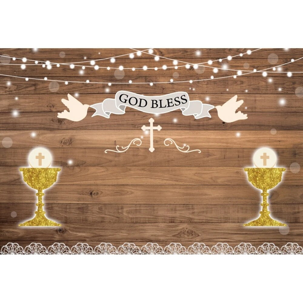 Boy Girl First Holy Communion Backdrops Catholic Theme Gold Cross Grail ...
