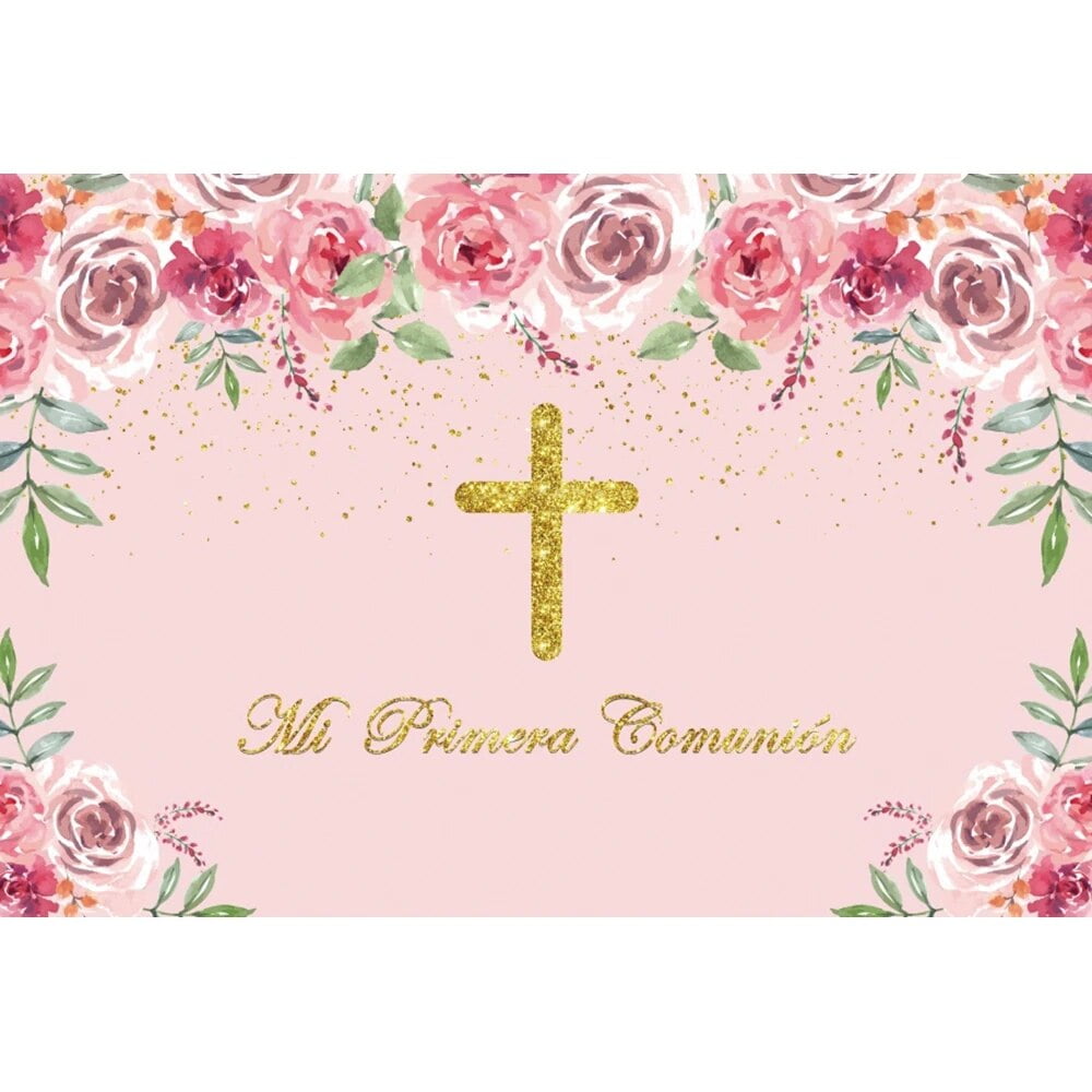 Boy Girl First Holy Communion Backdrops Catholic Theme Gold Cross Grail ...