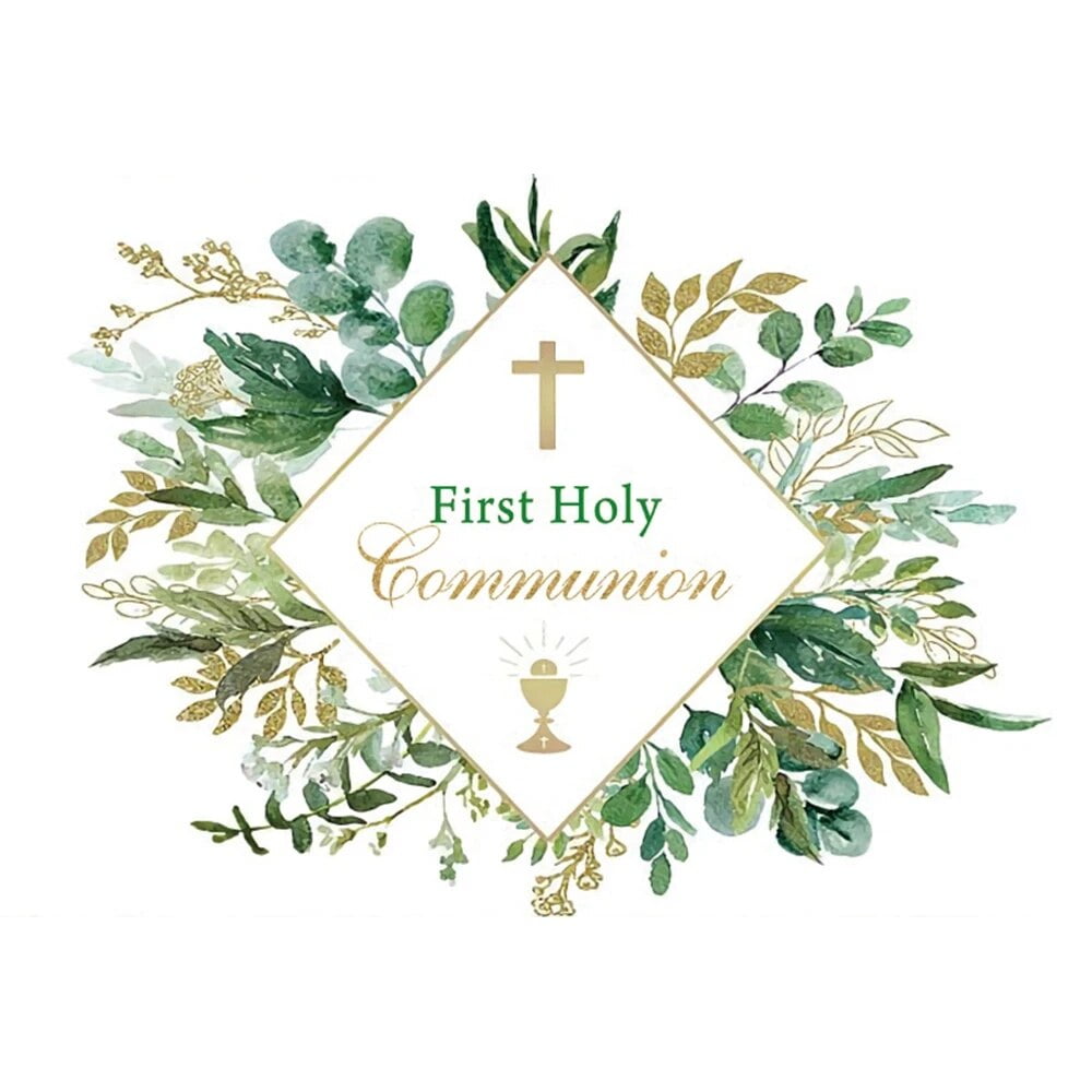 Boy Girl First Holy Communion Backdrops Catholic Theme Gold Cross Grail ...