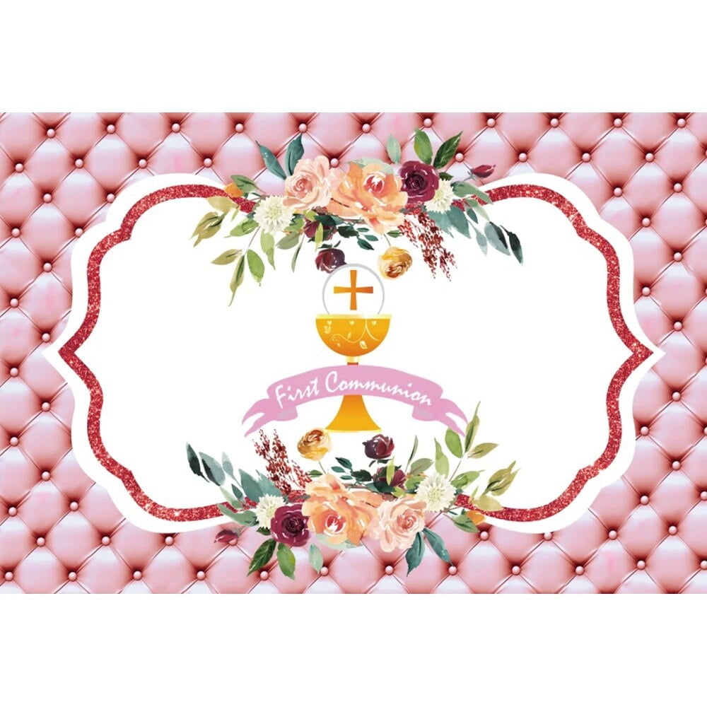 Boy Girl First Holy Communion Backdrops Catholic Theme Gold Cross Grail ...