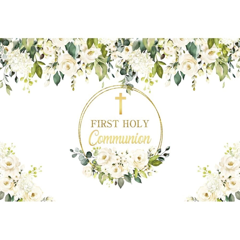 Boy Girl First Holy Communion Backdrops Catholic Theme Gold Cross Grail ...