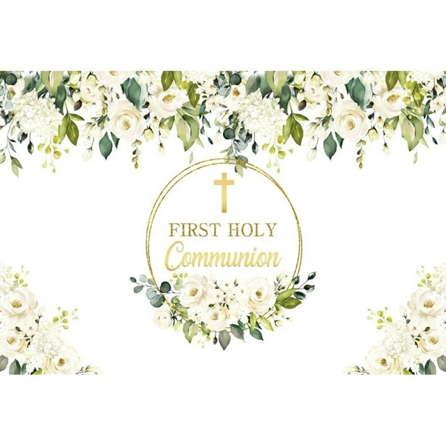 Boy Girl First Holy Communion Backdrops Catholic Theme Gold Cross Grail ...