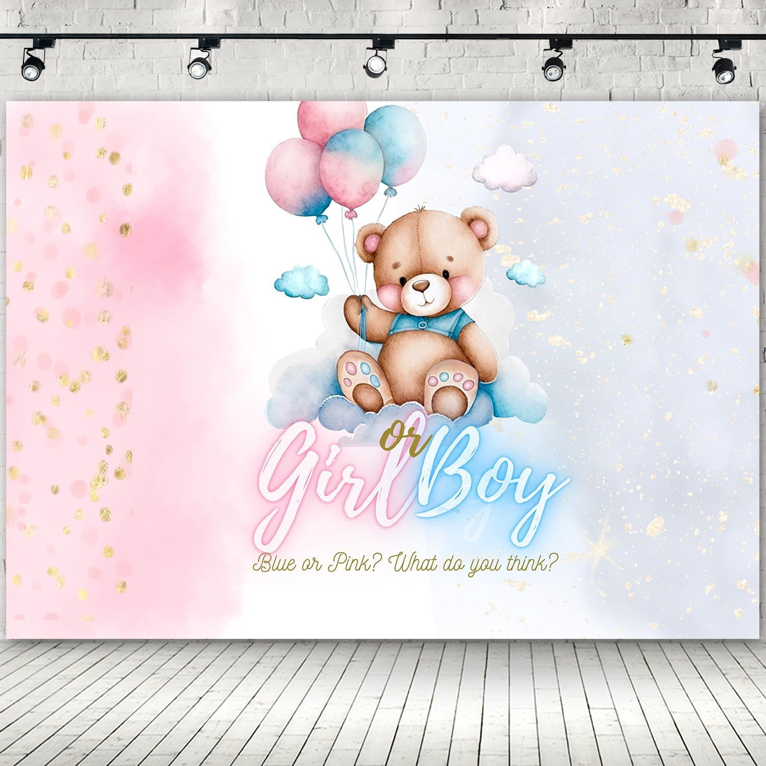 Boy or Girl Gender Reveal Backdrop, Baby Bear Blue or Pink Dots ...