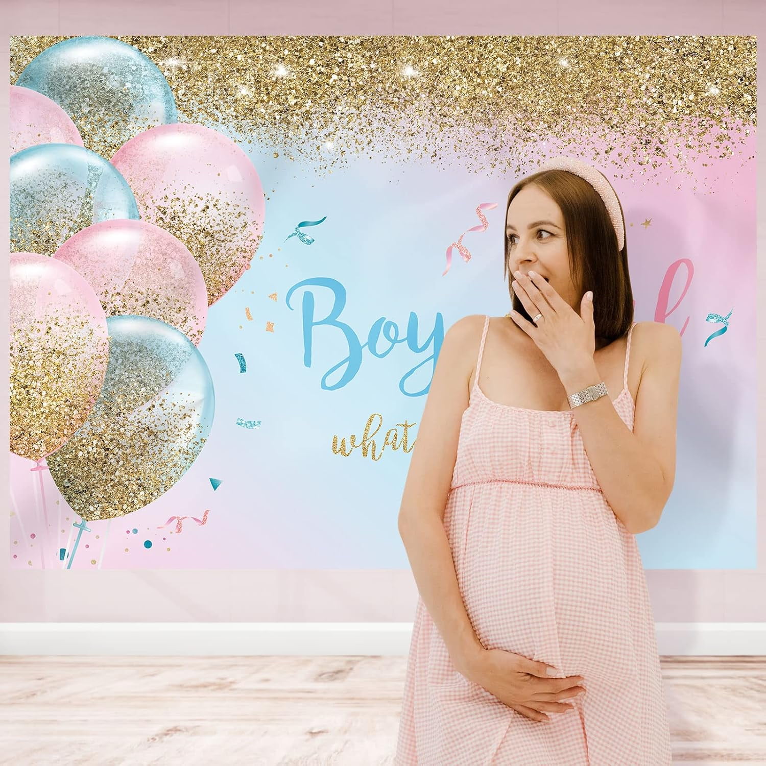 Boy or Girl Gender Reveal Backdrop Blue Pink Balloons Golden Dots Baby ...