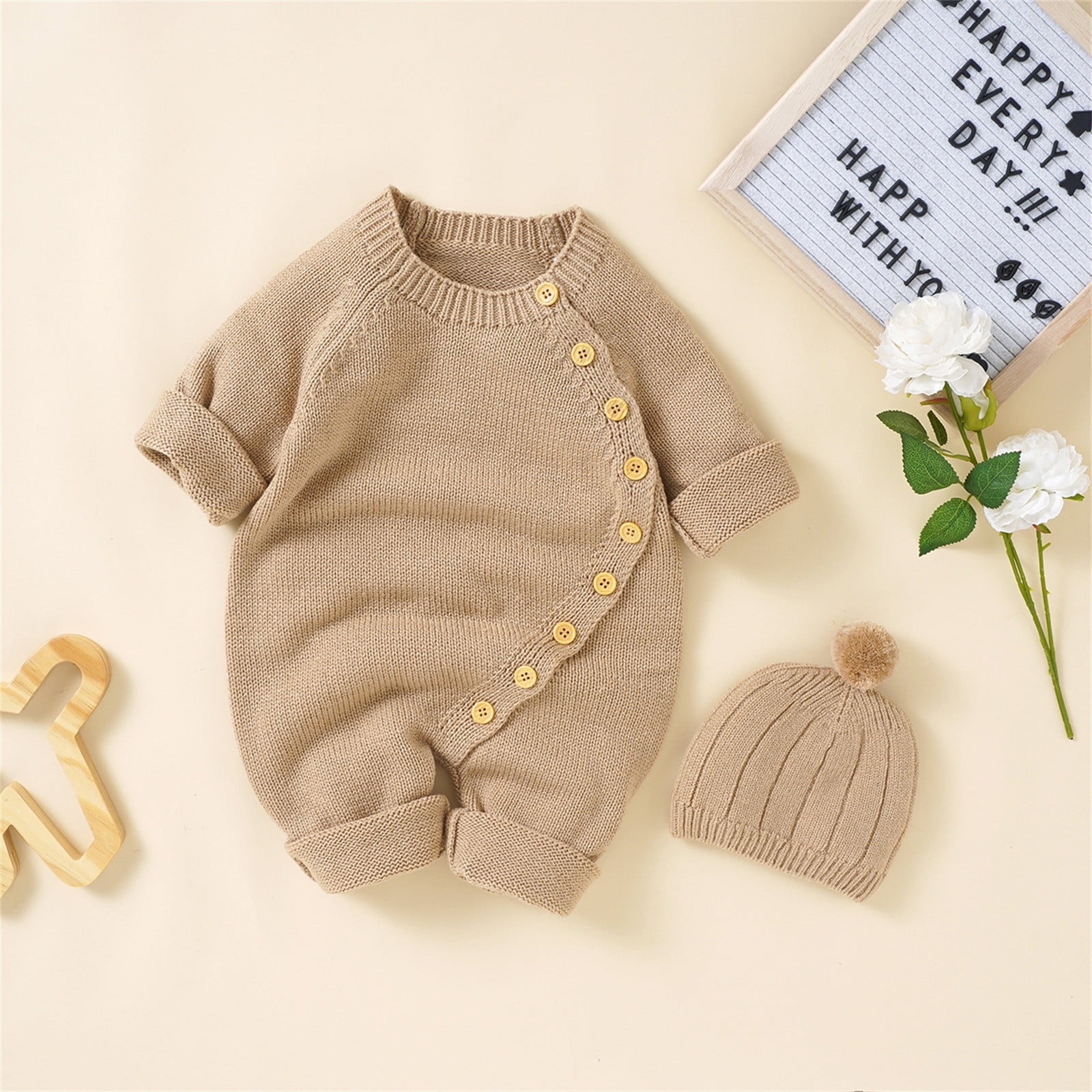 Boy Girl Solid Knitted Sweater Baby Jumpsuit Romper Cotton Caps Hat ...