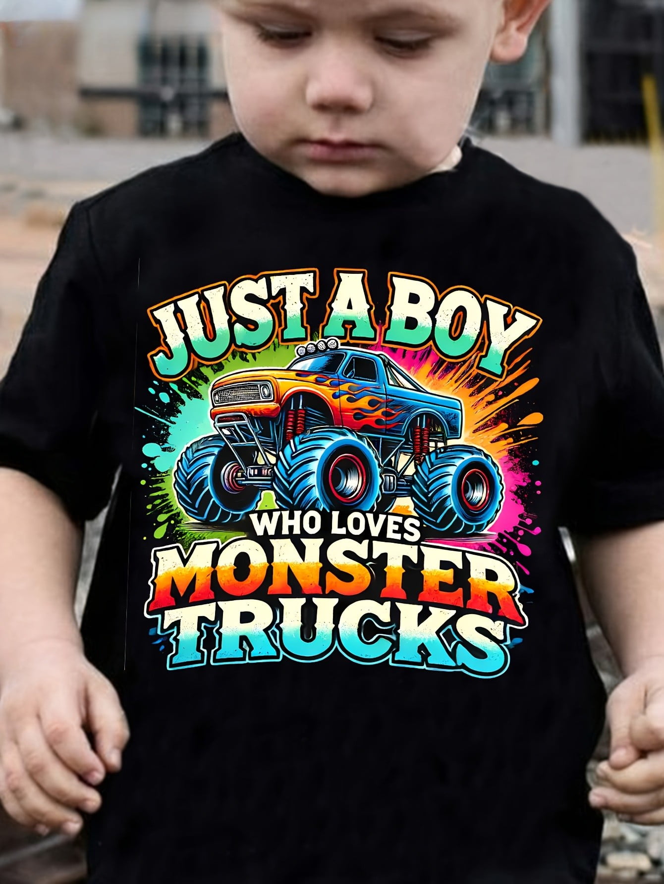 Boy JUST A BOY WHO LOVES MONSTER TRUCKS Truck Print Casual Round Neck T ...