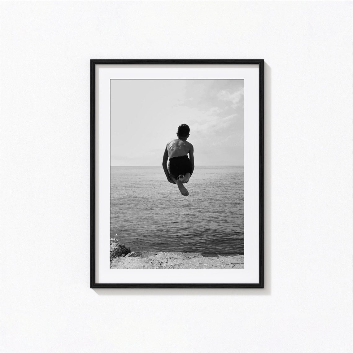 Boy Leaping Into Ocean Summer Beach Black and White Vacation ...