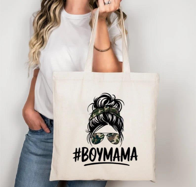 Boy Mom Camo Tote Bag with Messy Bun Graphic Look, a gift just for you ...