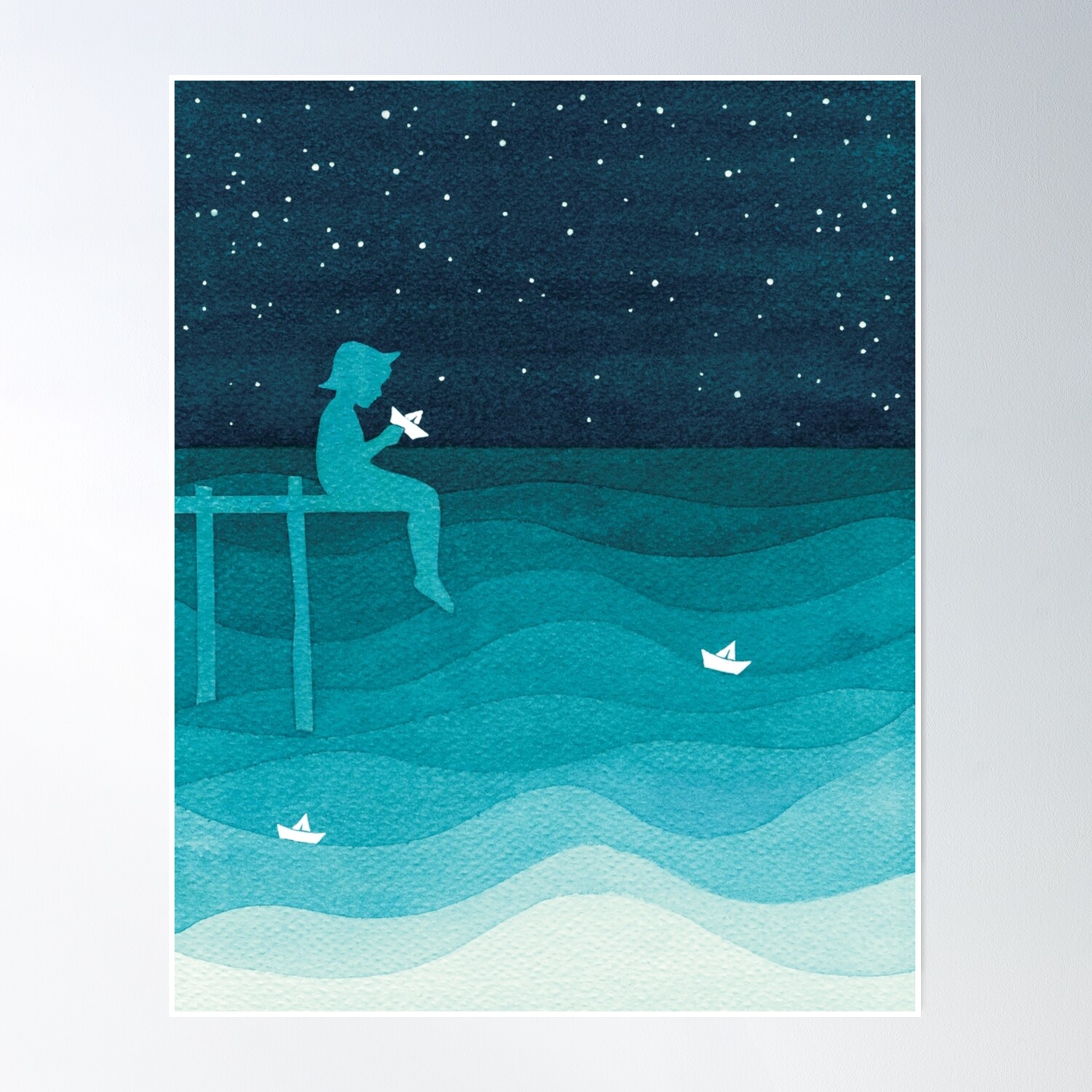 Boy On The Pier, Blue Watercolor Poster Wall Art, Modern Wall Decor ...