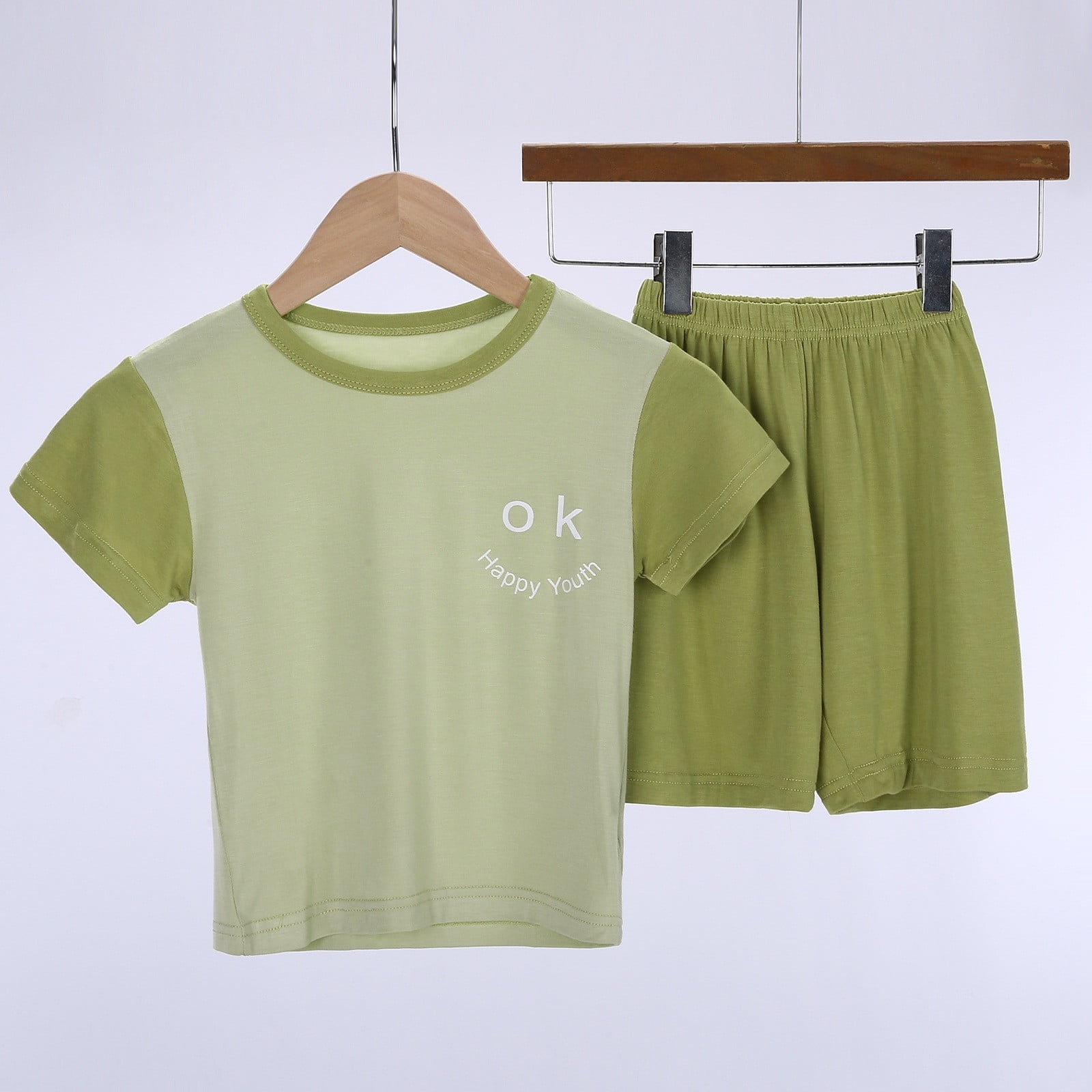 Boy Outfit Set Light Green Short Sleeve Casual T-Shirt Tops + Shorts ...