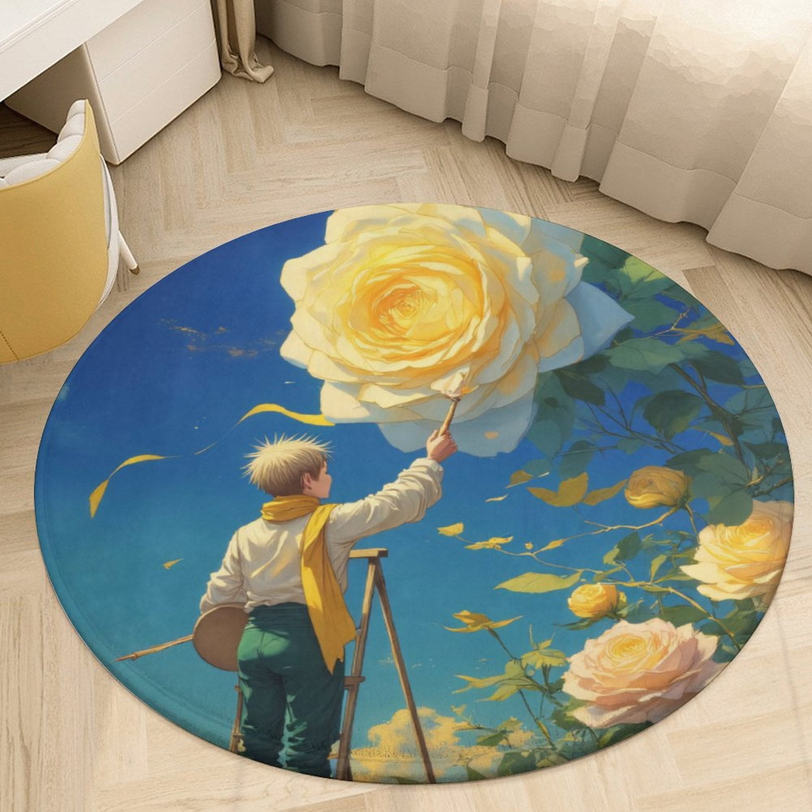 Boy Painting Giant Yellow Roses Round Area Rugs for Bedroom Living Room ...