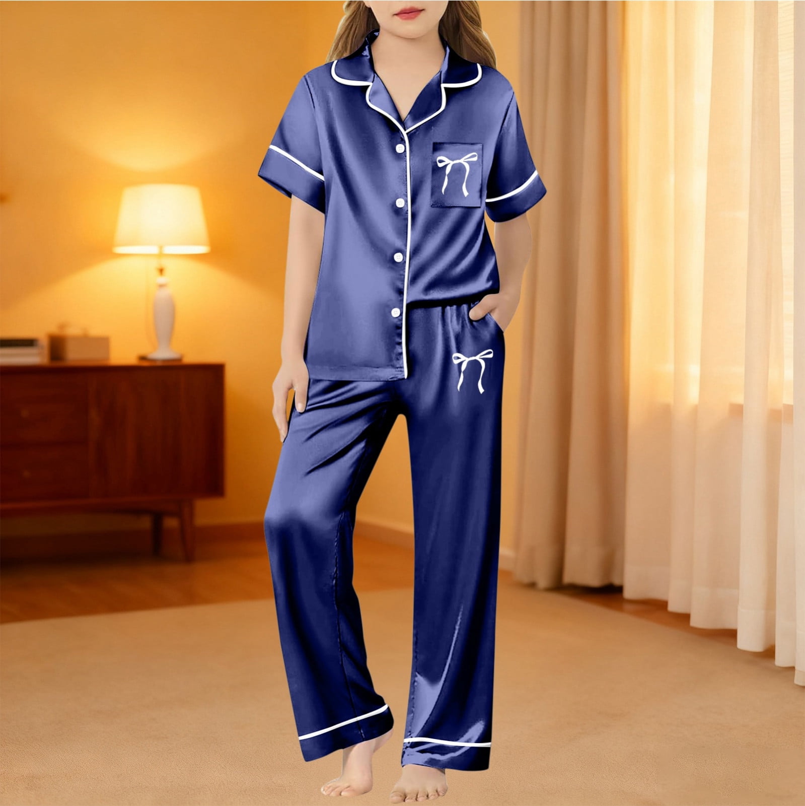 Boy Pajamas Set Bow Blue Silk Pajamas for Girls Short Sleeve Button ...