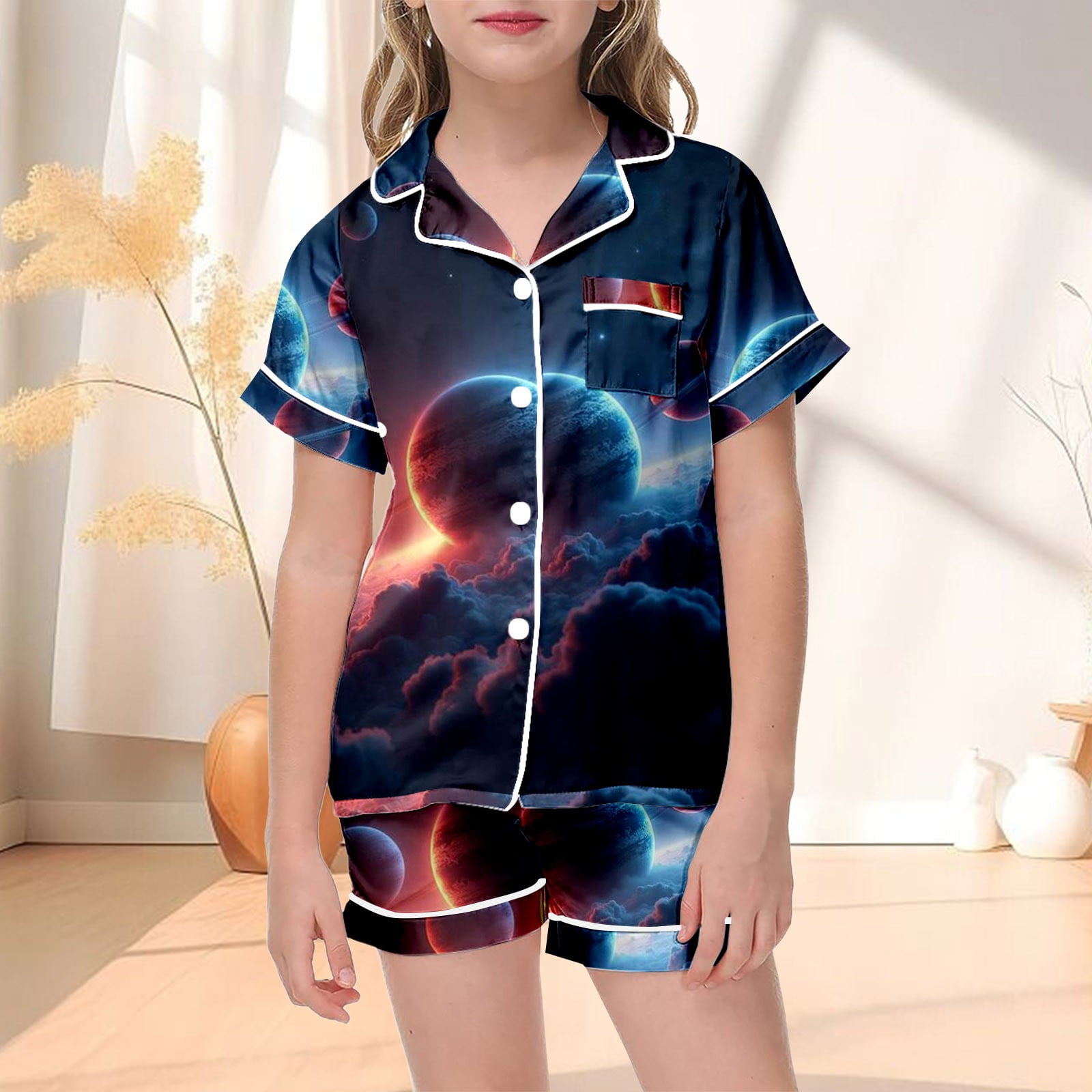Boy Pajamas Set Starry Sky Print Girls Silk Pajamas Set Short Sleeve ...