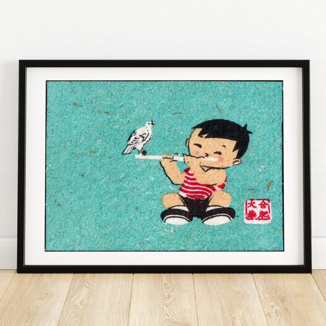 Boy Playing Flute With Bird - Matchbox Print - Aesthetic Wall Art ...