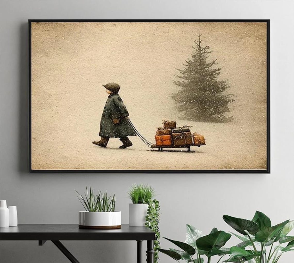 Boy Pulling Sled Dark Moody Winter Rustic Farmhouse Wall Art UNFRAMED ...