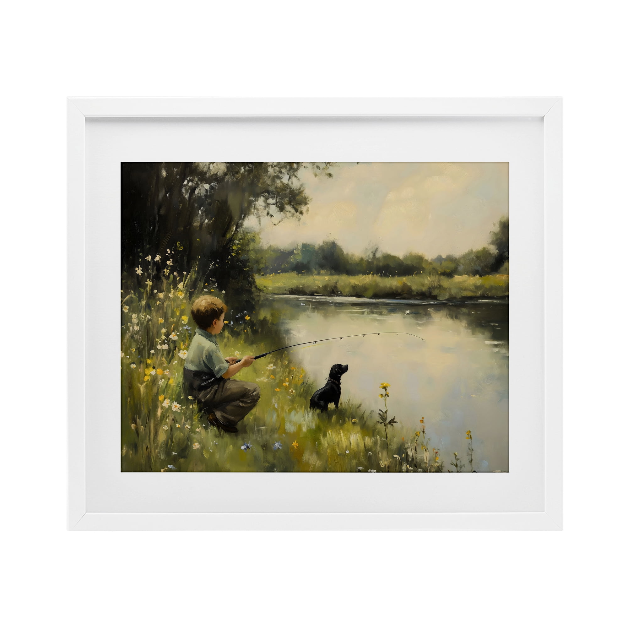 Boy & Puppy Fishing White Framed Print Under Glass, design by Arlington ...