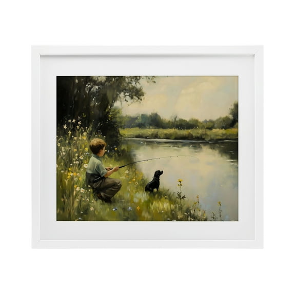 Boy & Puppy Fishing White Framed Print Under Glass, design by Arlington ...