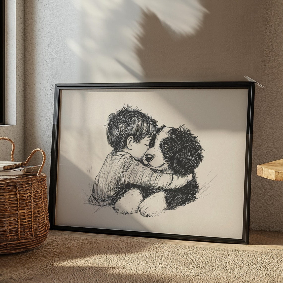 Boy With Puppy Print, Nursery Dog Poster, Boys Room Vintage Wall Art ...