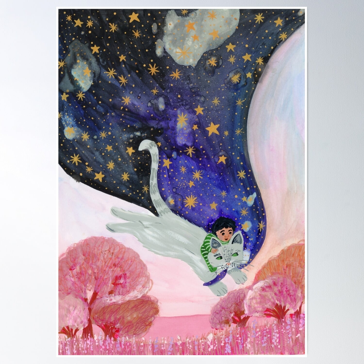 Boy Riding A Cat Through The Stars - Whimsical Art Print Illustration ...