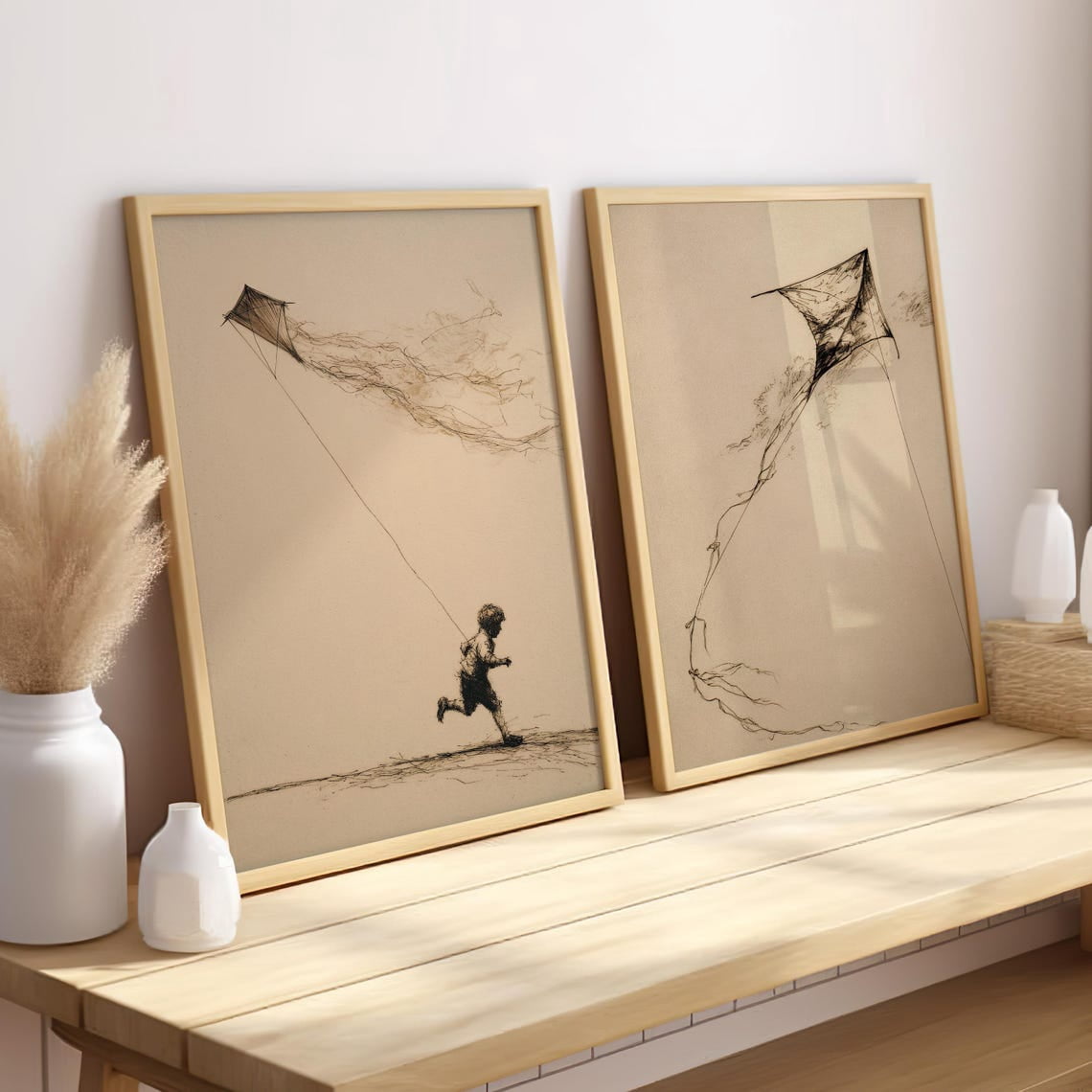 Boy Running with Kite Sketch Art Whimsical Windy Movement Drawing ...