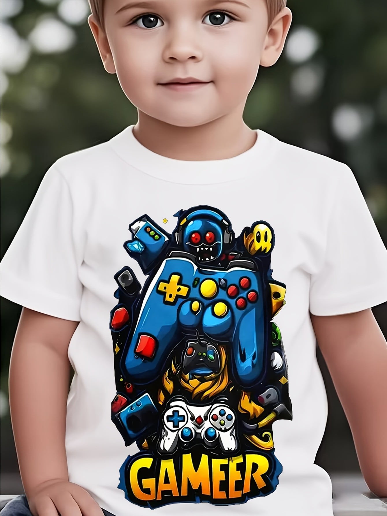 Boy'S Casual "Gamer" Graphic Tee - Vibrant Blue & Red Design with Game ...