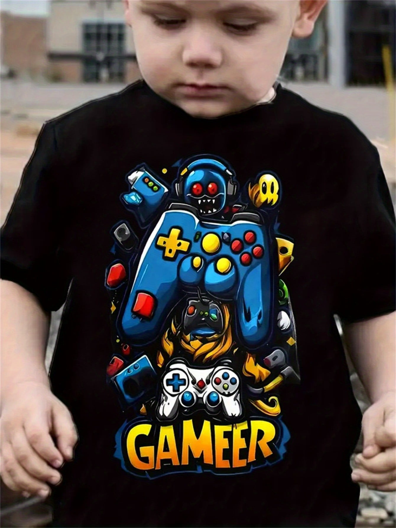 Boy'S Casual "Gamer" Graphic Tee - Vibrant Blue & Red Design with Game ...