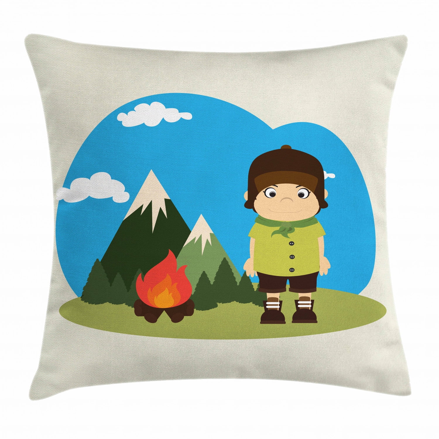 Boy Scout Throw Pillow Cushion Cover, Kid with Campfire on Mountains ...