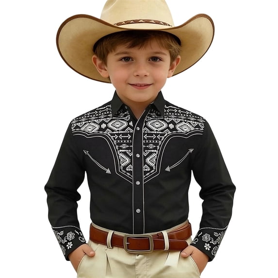 Boy Shirts Kids Youth Western Cowboy Print Shirt Turn Down Collar Long ...