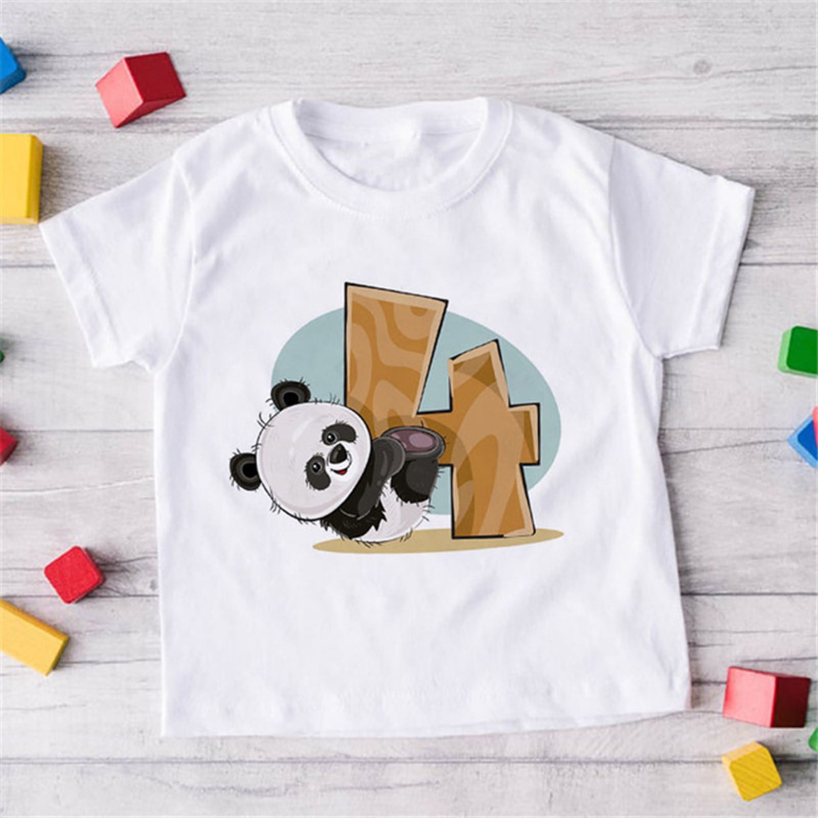 Boy Shirts Size 3-4Y Kids Cartoon Panda Print Short Sleeve Crewneck Tee ...